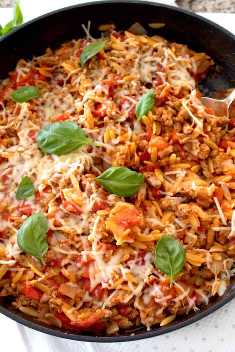 Ground Turkey Orzo Skillet with Tomatoes - Laughing Spatula